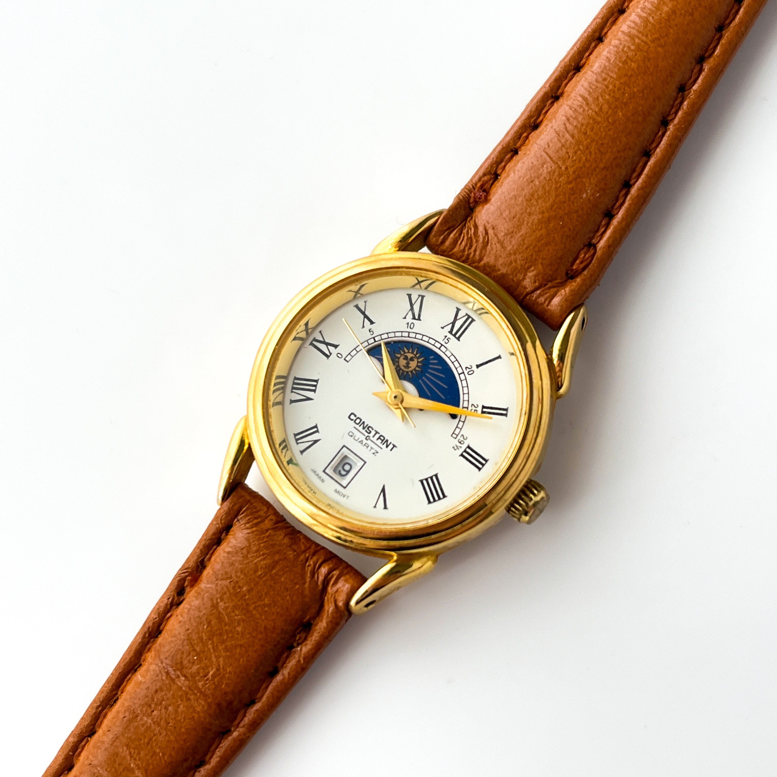 Vintage Constant Sun & Moon Phase Quartz Watch with Light Brown Leathe – Finchley Watches