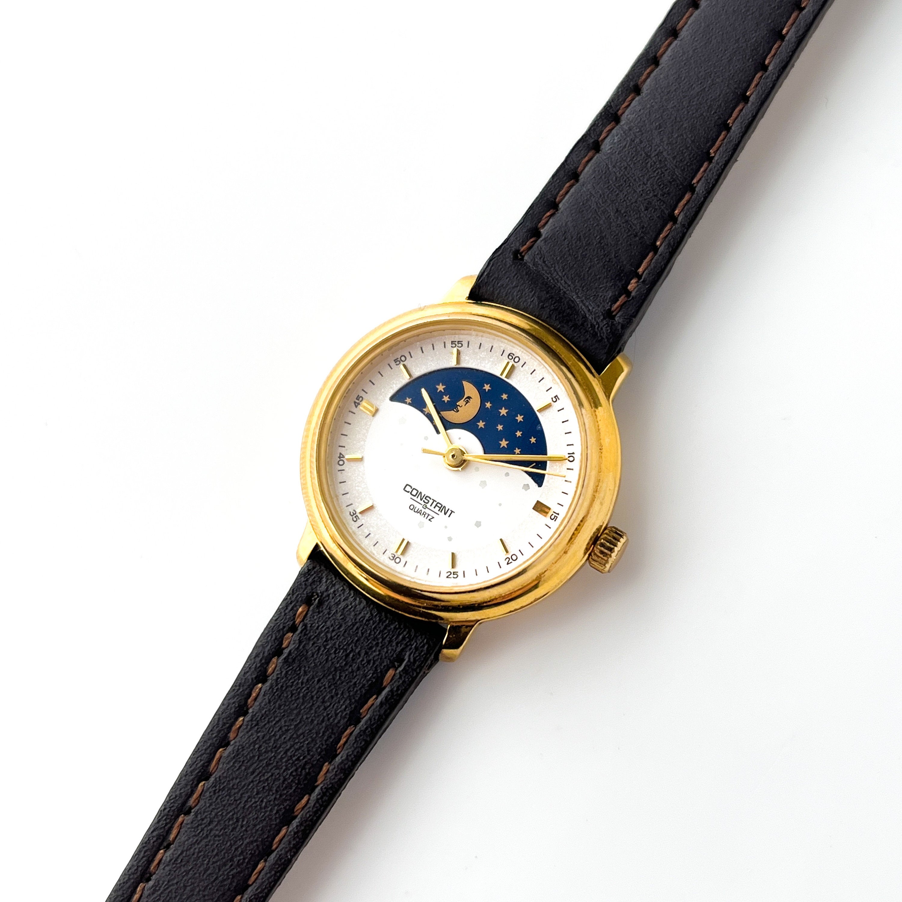 Vintage Constant Sun & Moon Phase Quartz Watch with Dark Brown Leather – Finchley Watches