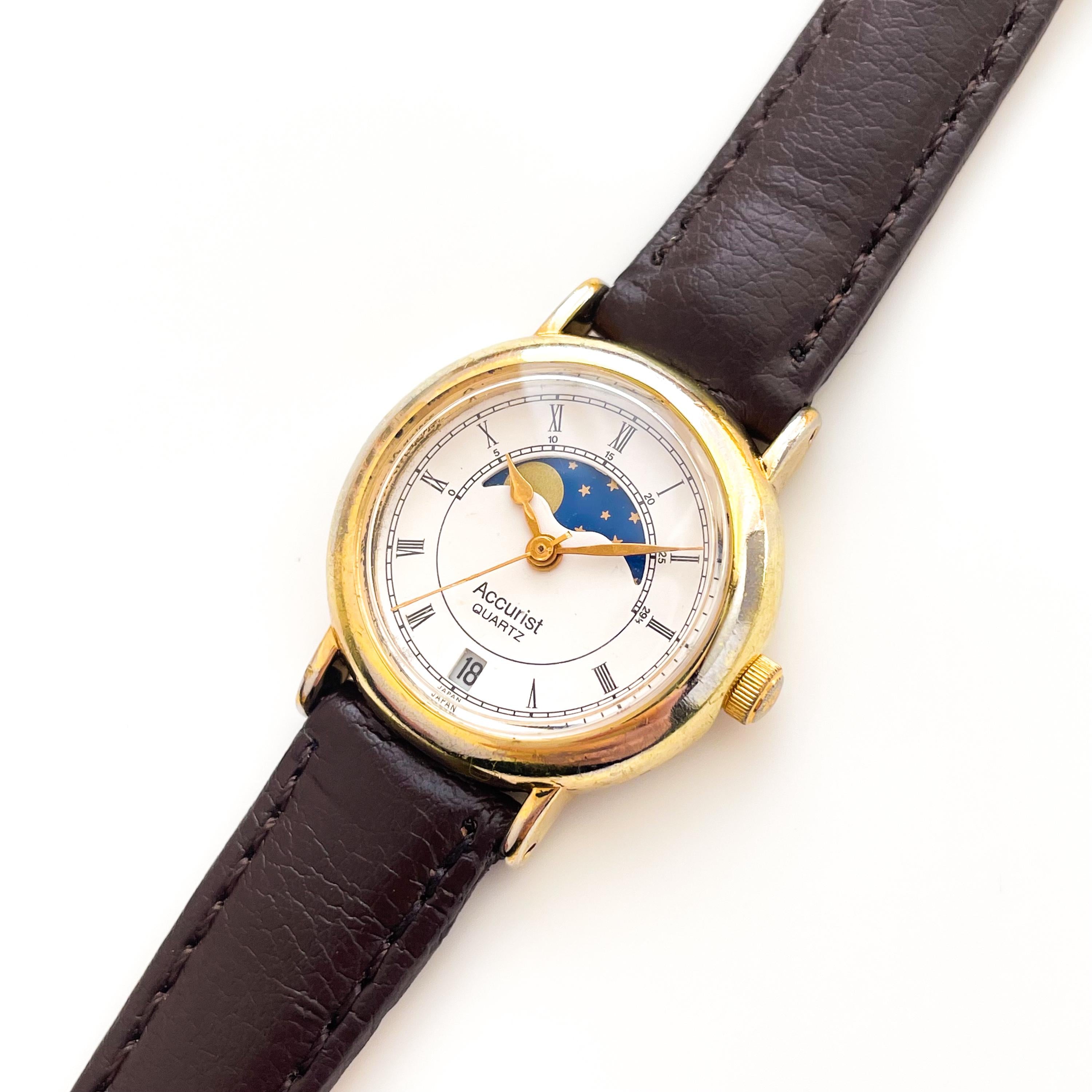 Vintage Ladies' Accurist Moon Phase Quartz Watch with Black Leather – Finchley Watches