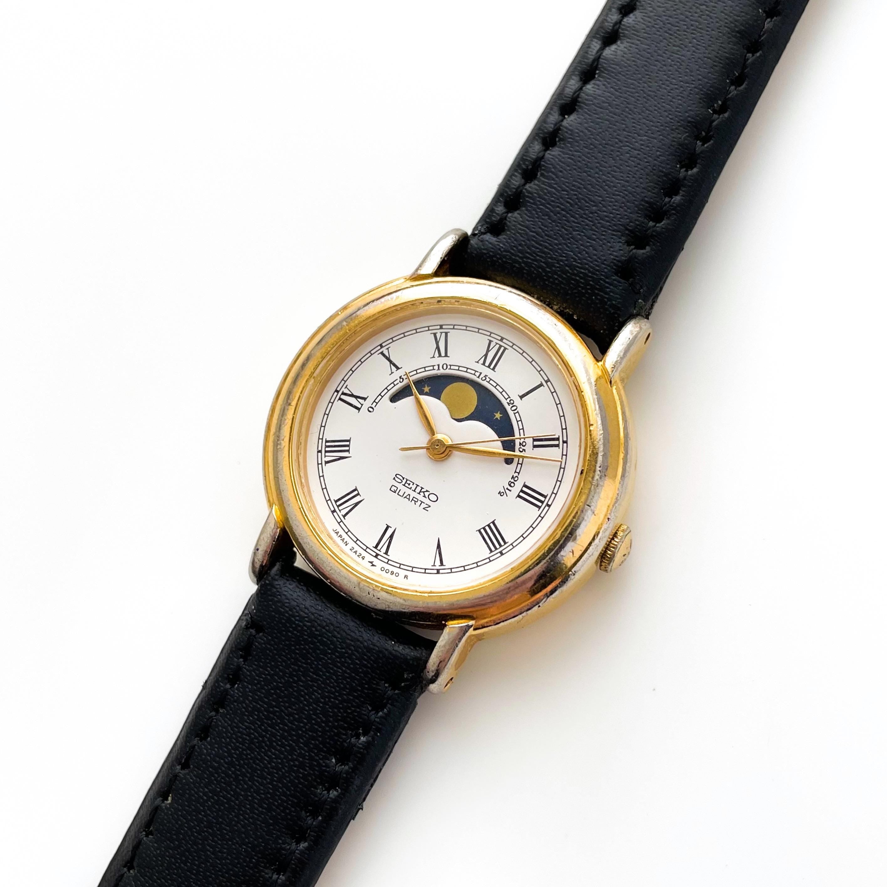 Rare Ladies' 90s Moon Phase Seiko Quartz Watch with Black Leather – Finchley Watches