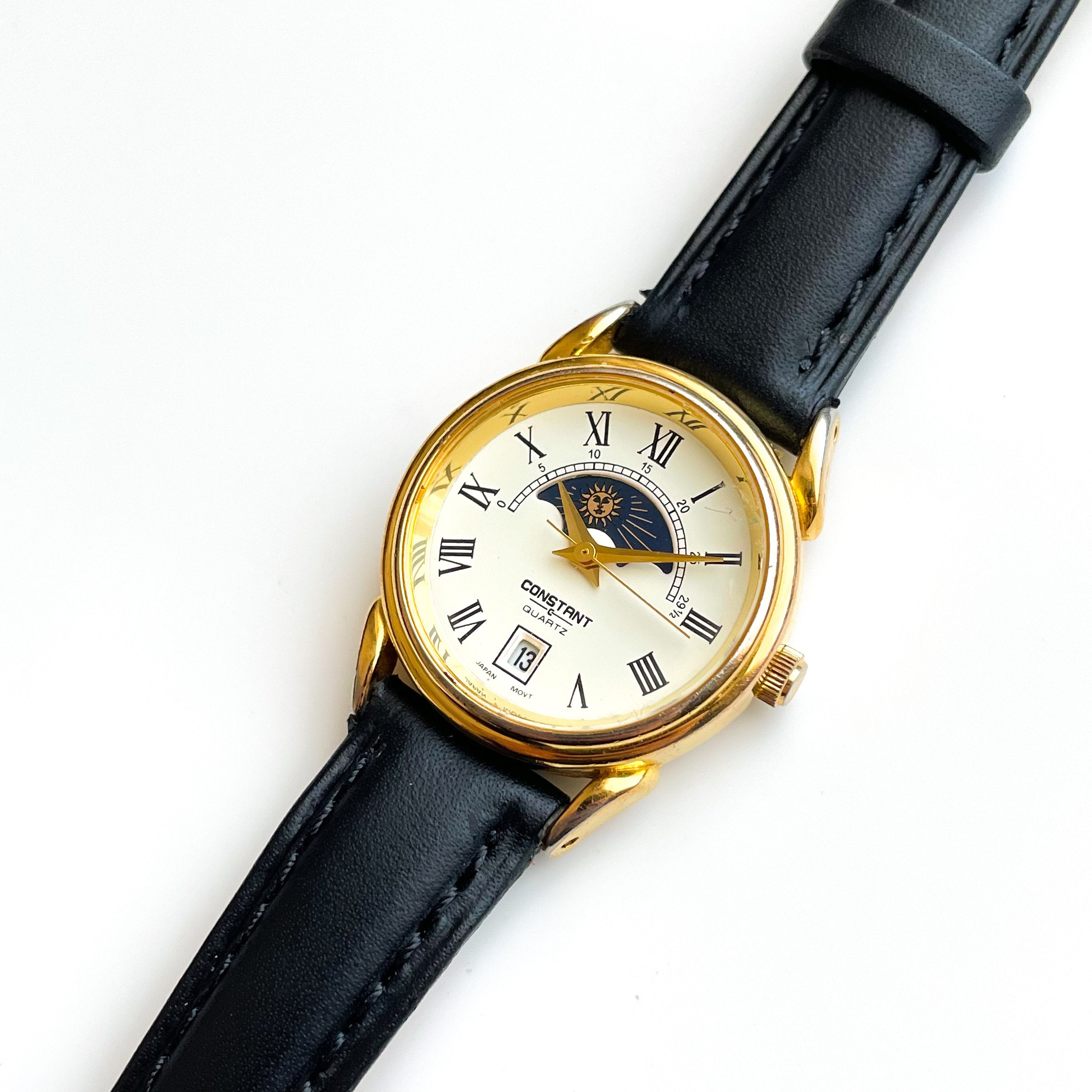 Vintage Constant Sun & Moon Phase Watch with Black Leather Strap – Finchley Watches