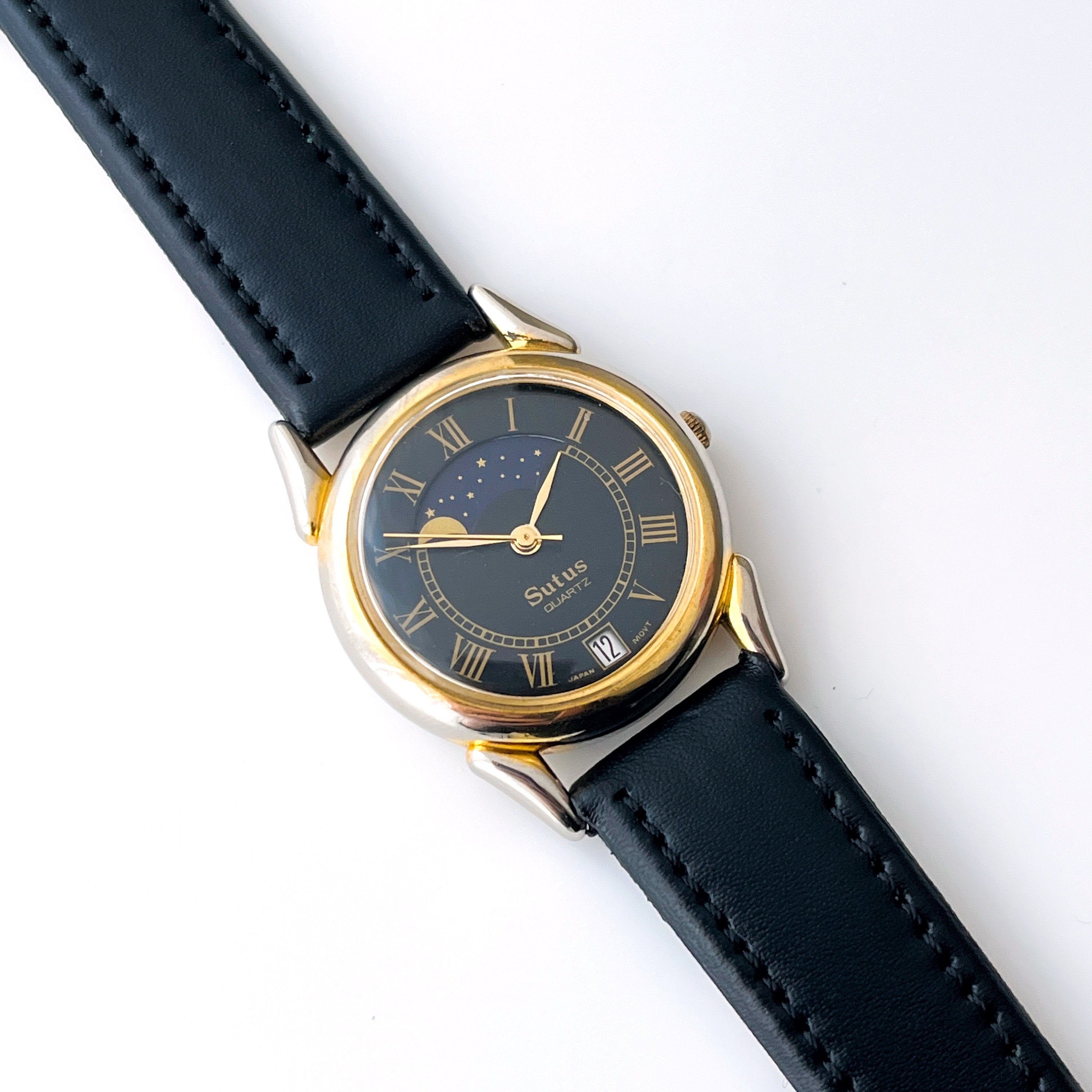 Vintage Ladies/Unisex Sutus Moon Phase Quartz Watch with Black Leather – Finchley Watches