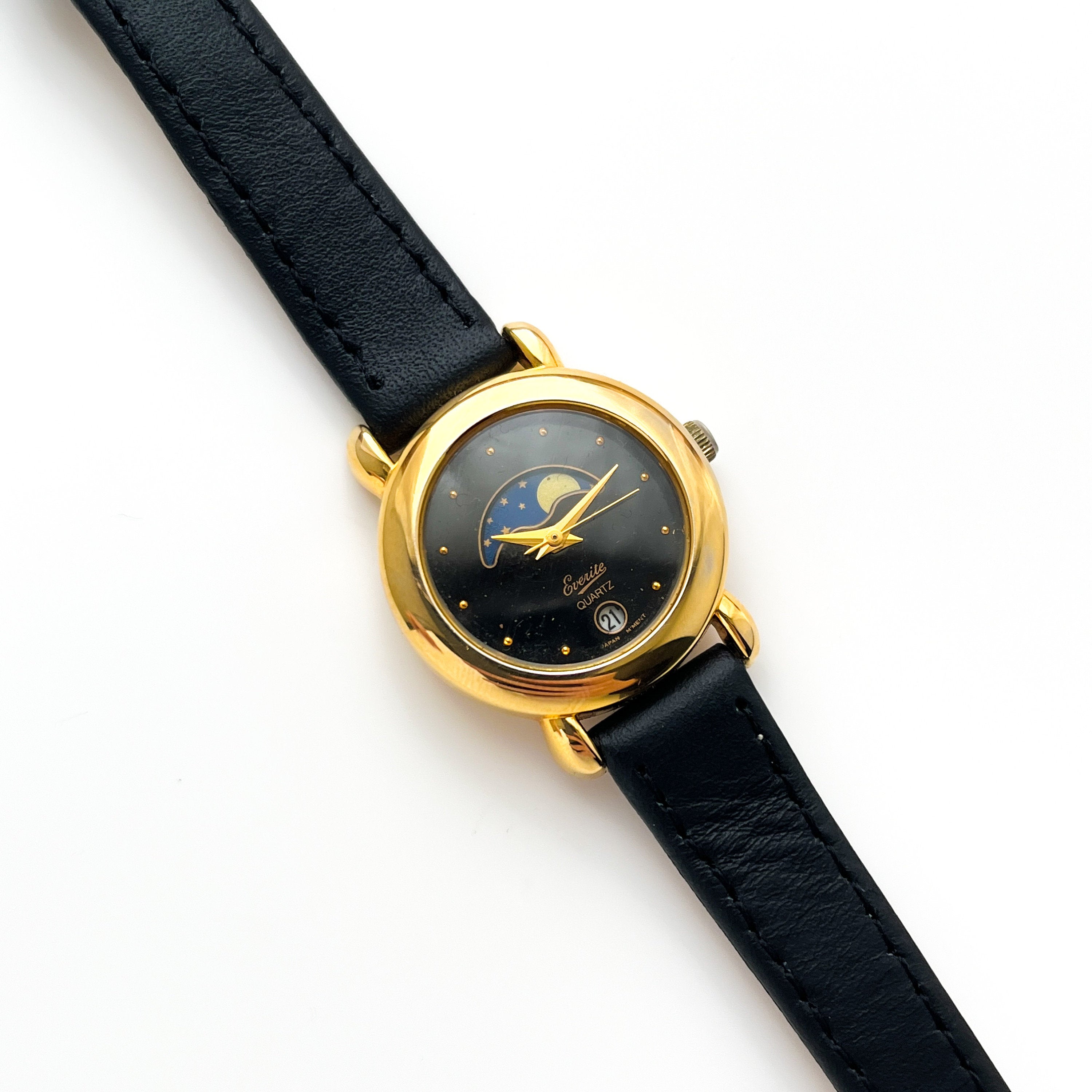 Vintage Ladies' Everite Moon Phase Quartz Watch with Black Leather Str – Finchley Watches
