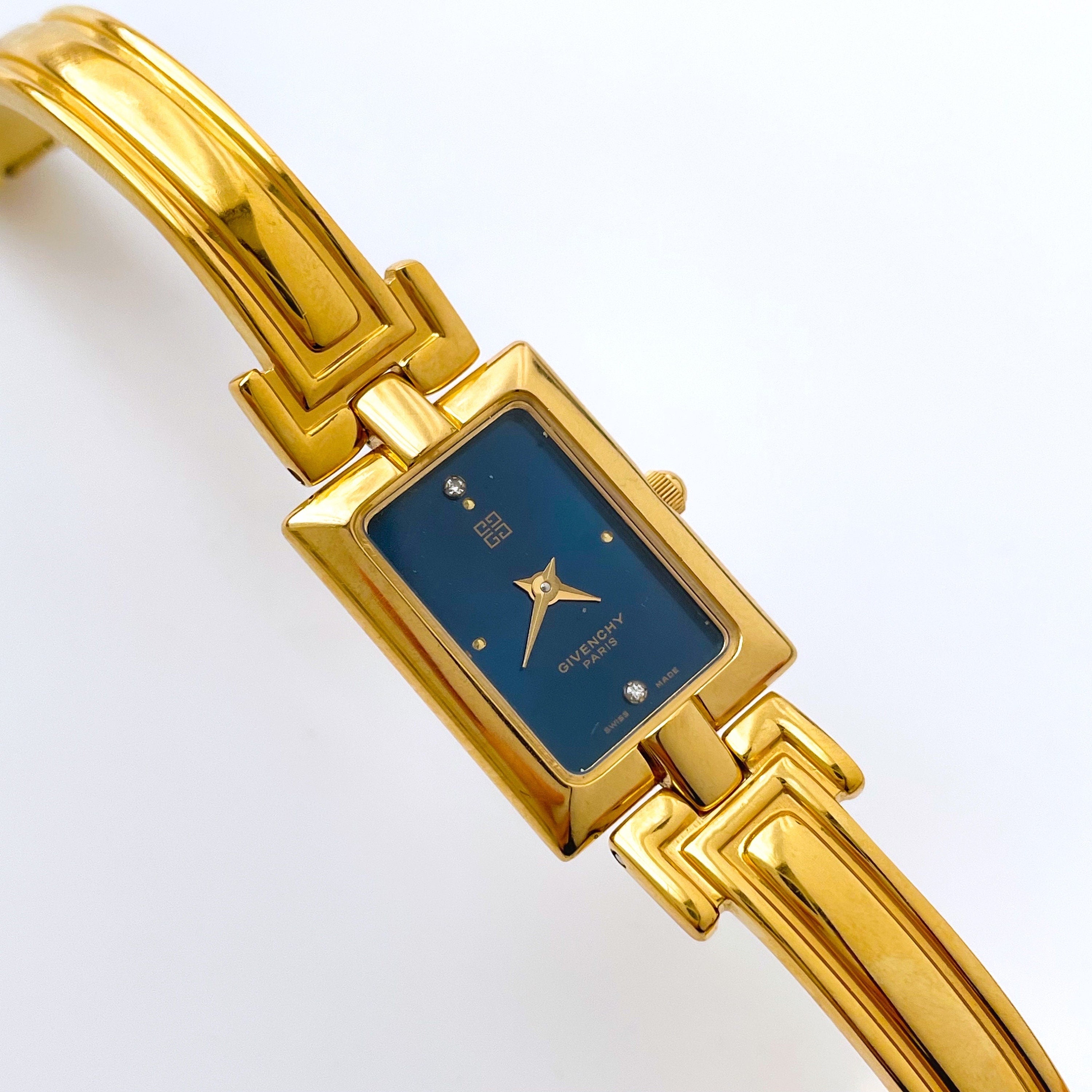 Vintage 1990s Gold-Plated Ladies' Givenchy Bangle Watch with Blue Dial ...
