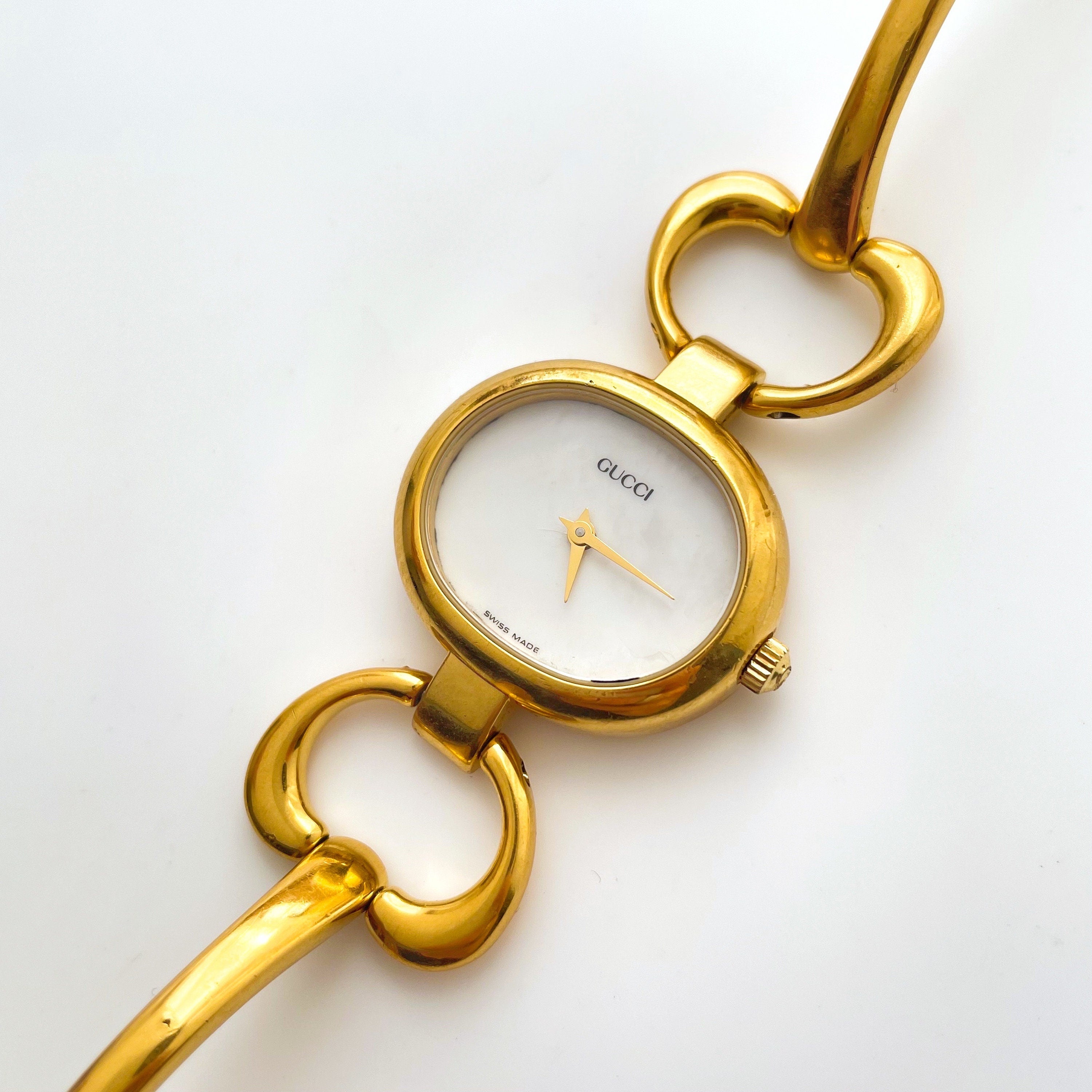 1990s Gucci Quartz Watch with Mother of Pearl Dial and Semi Bangle Bra ...