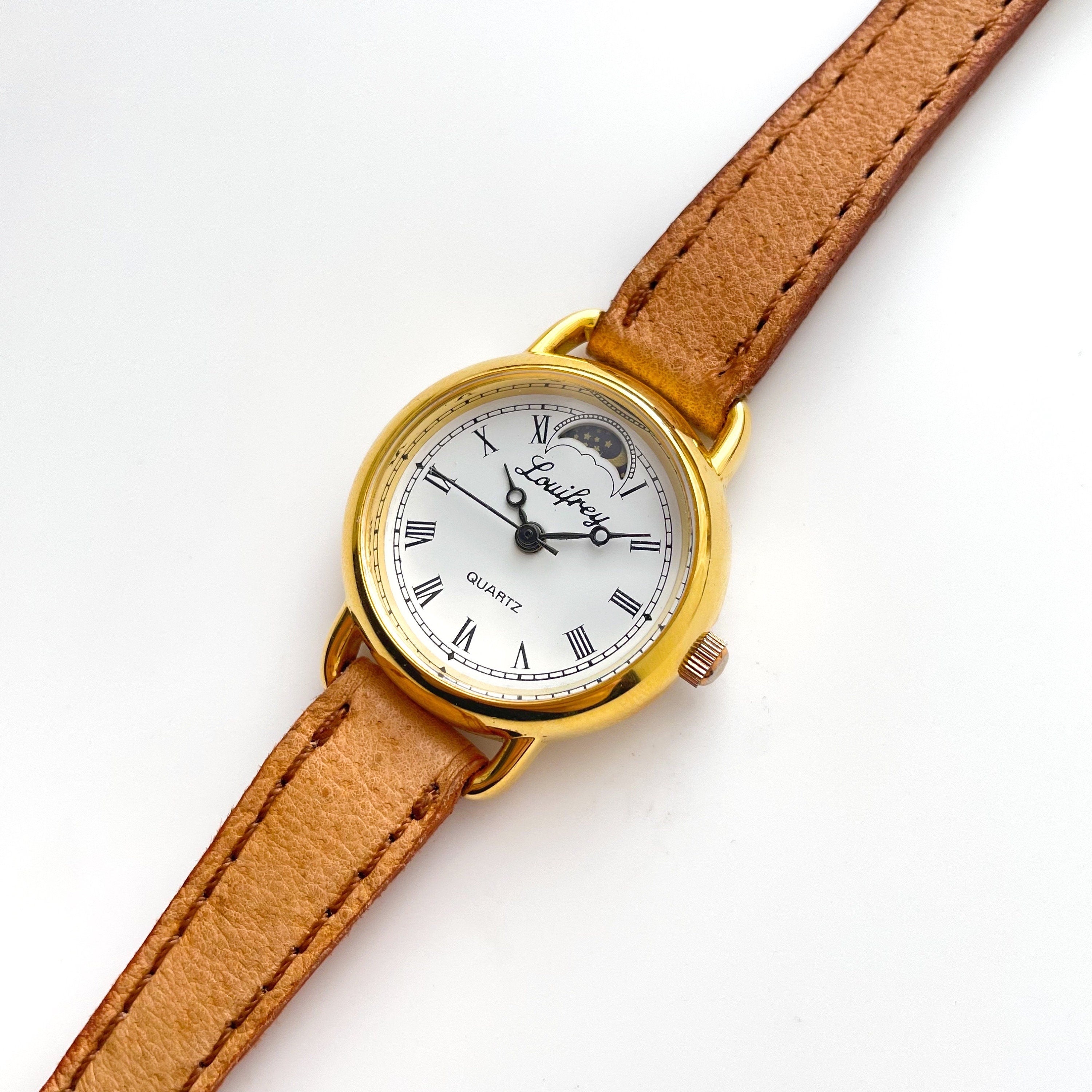 Vintage Ladies' Louifrey Moon Phase Quartz Watch with Light Brown Leat ...