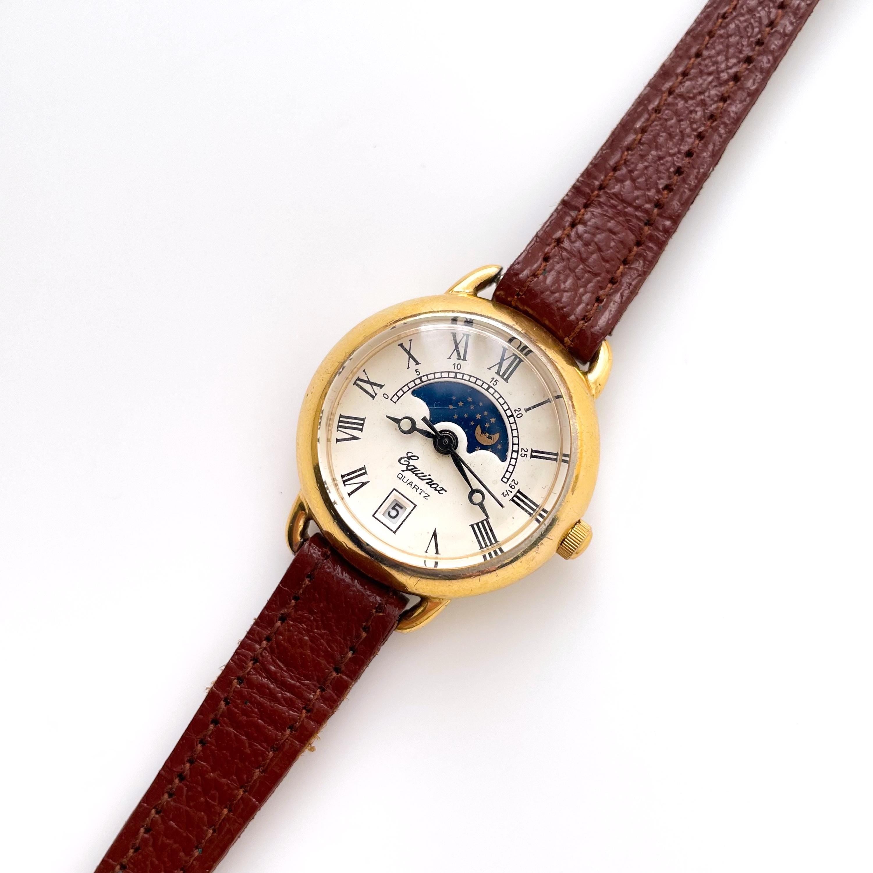 Ladies' 90s Sun & Moon Equinox Quartz Watch with Brown Leather Strap ...