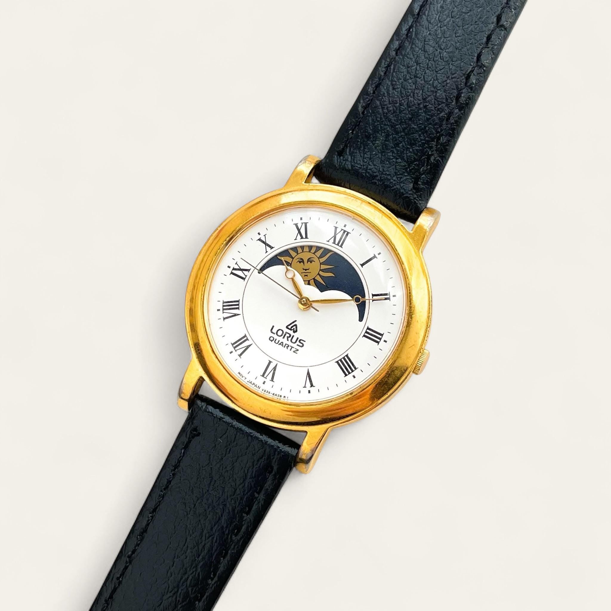 90s Vintage Unisex Lorus Sun & Moon Phase Quartz Watch - Black Leather ...