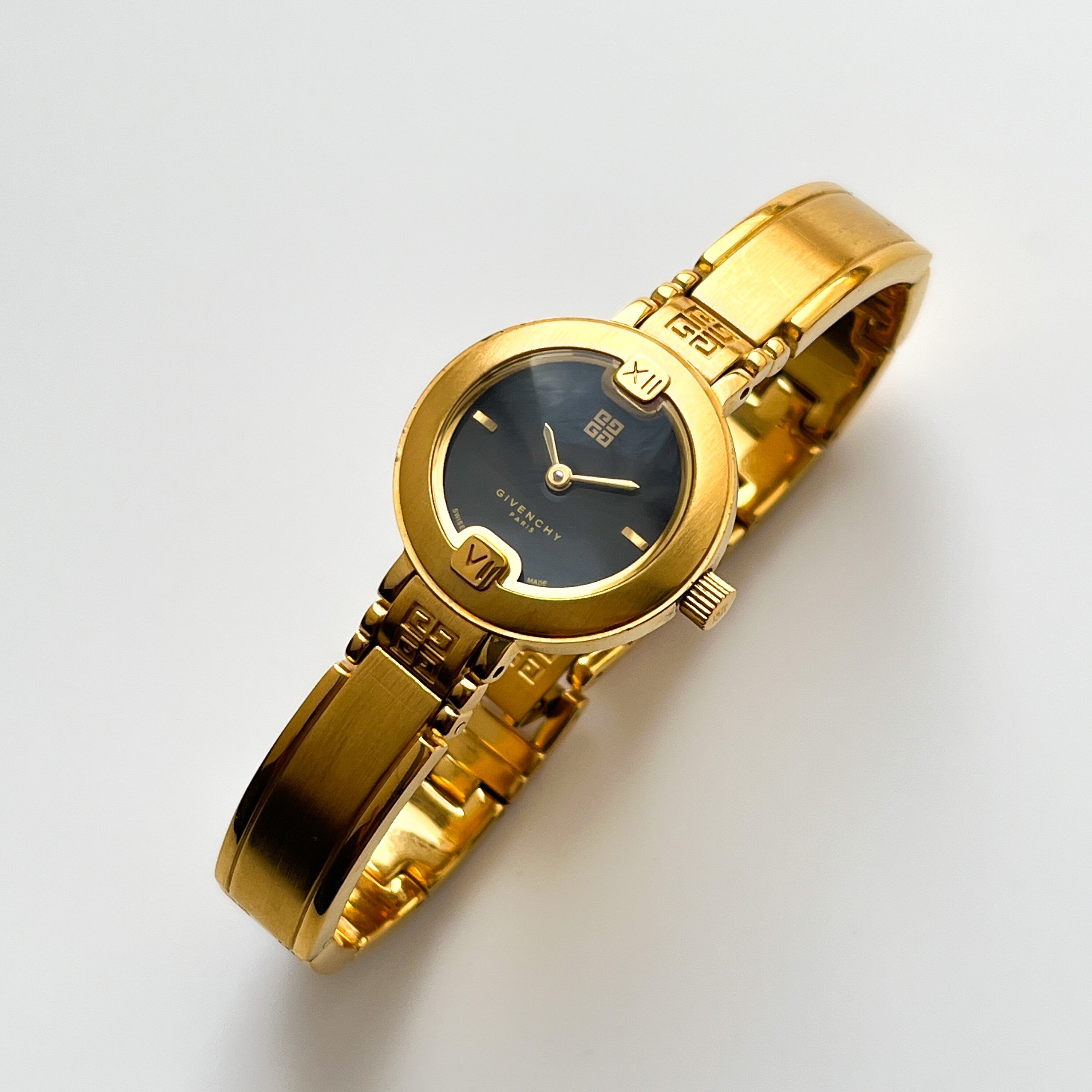 Vintage Gold-Plated Ladies' Givenchy Bangle Watch with Black Dial and ...