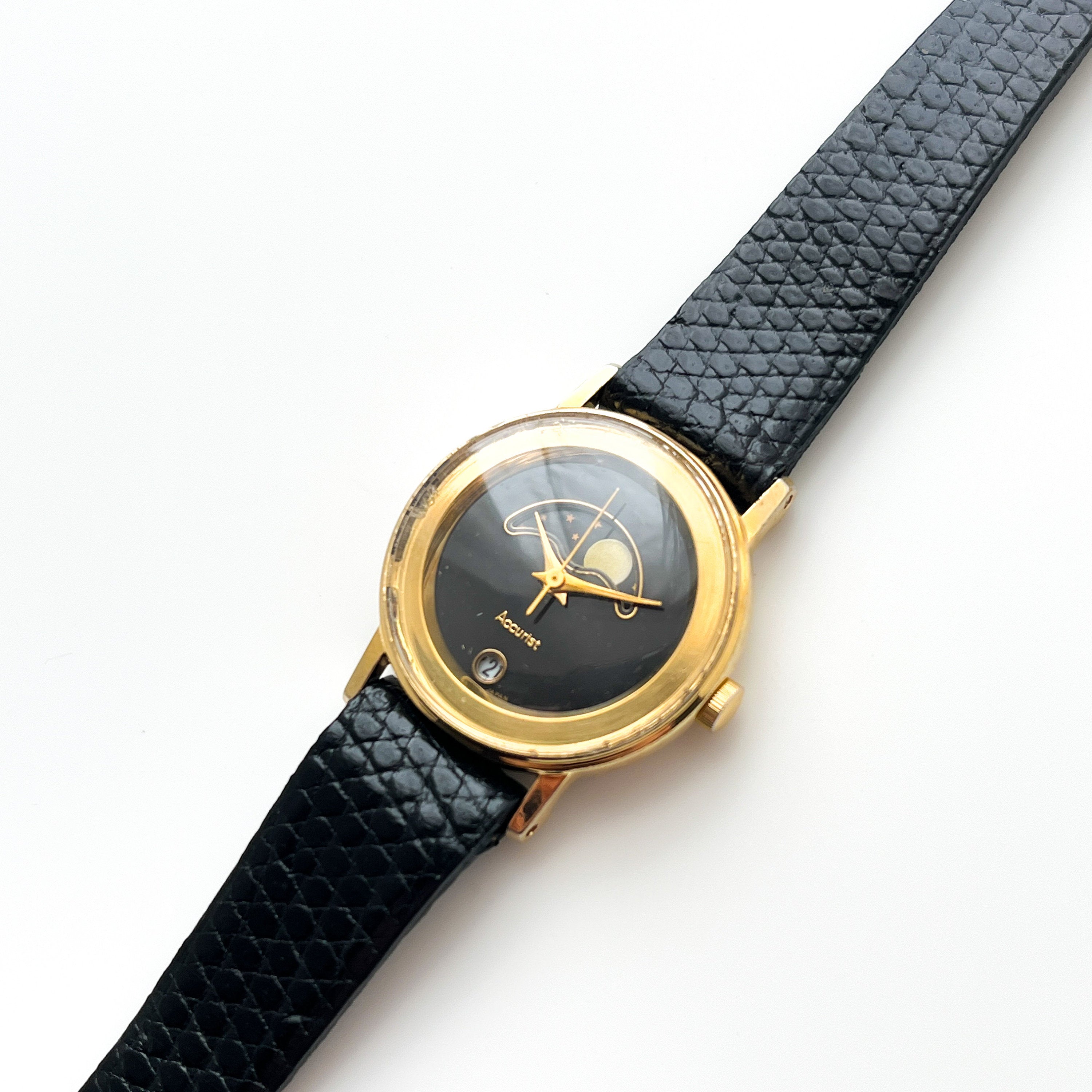 Vintage Ladies' Accurist Moon Phase Quartz Watch with Black Leather St – Finchley Watches