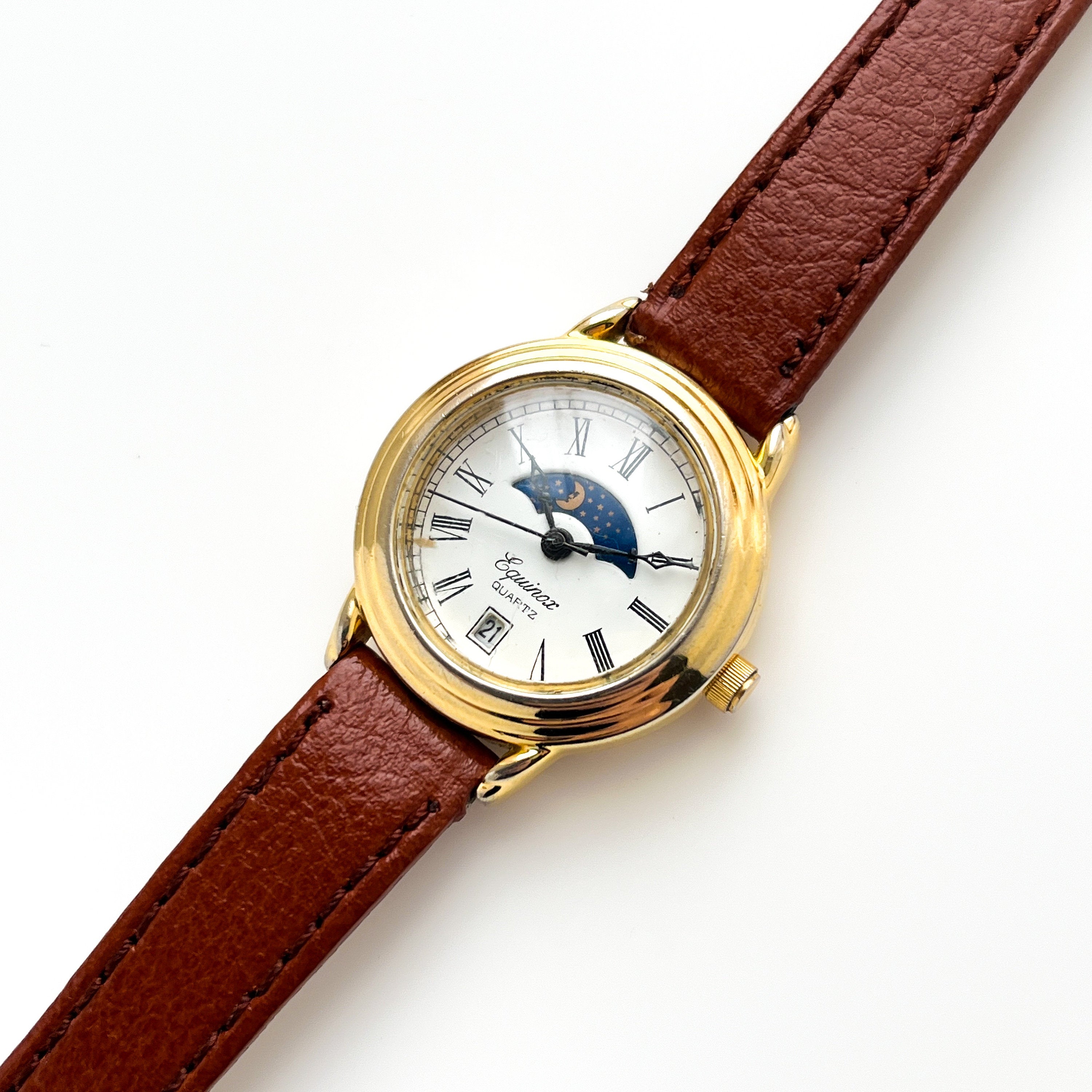 Ladies' 90s Sun & Moon Equinox Quartz Watch with Brown Leather Strap ...